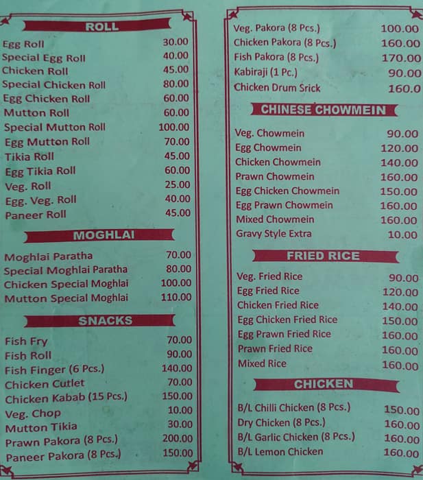 Menu of Samrat Snacks, Prince Anwar Shah Road, Kolkata
