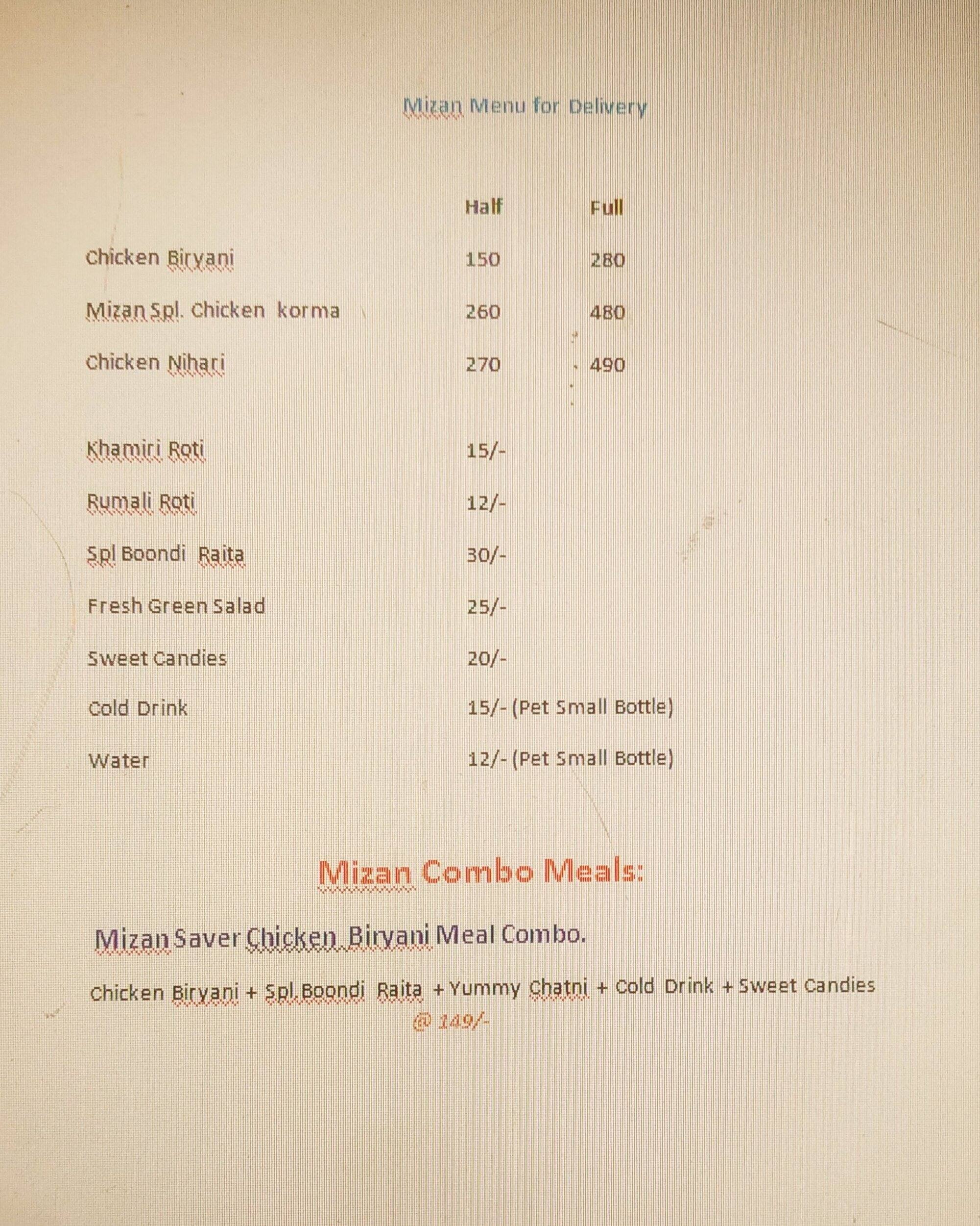 Menu of Mizan Laziz Biryani, Azad Market, New Delhi