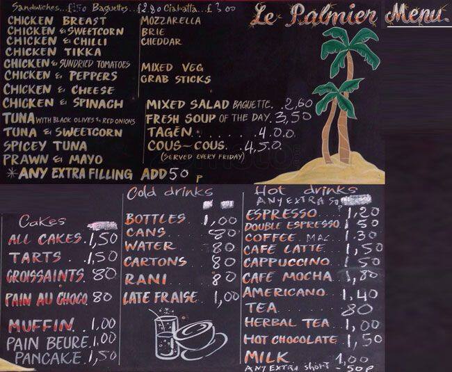 Menu at Le Palmier cafe, London