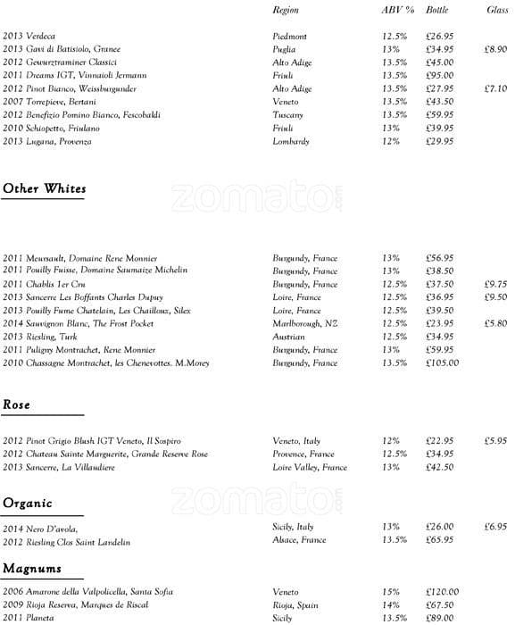 Menu at Enoteca Da Luca pub & bar, London, 10-12 Basinghall St