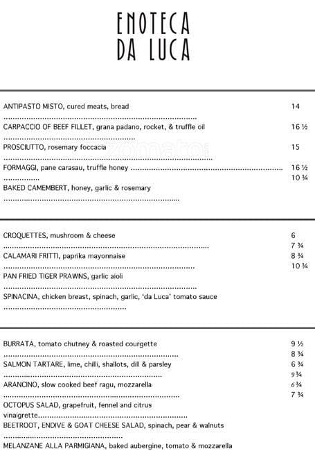 Menu at Enoteca Da Luca pub & bar, London, 10-12 Basinghall St