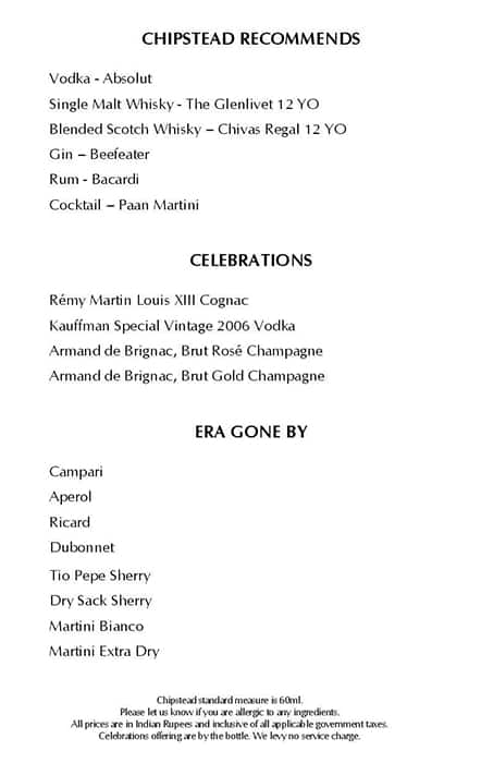 Menu of Chipstead - Taj Coromandel, Nungambakkam, Chennai