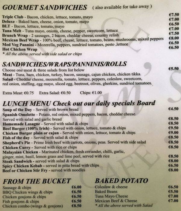 Menu at Village Cafe, Lucan, 9 Village Centre