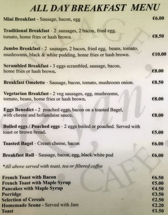 Menu at Village Cafe, Lucan, 9 Village Centre