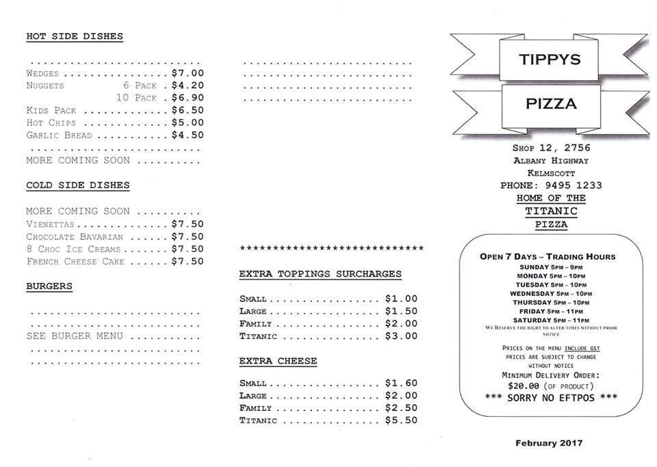 Menu at Tippy's Pizza pizzeria, Kelmscott, 12/2756 Albany Hwy