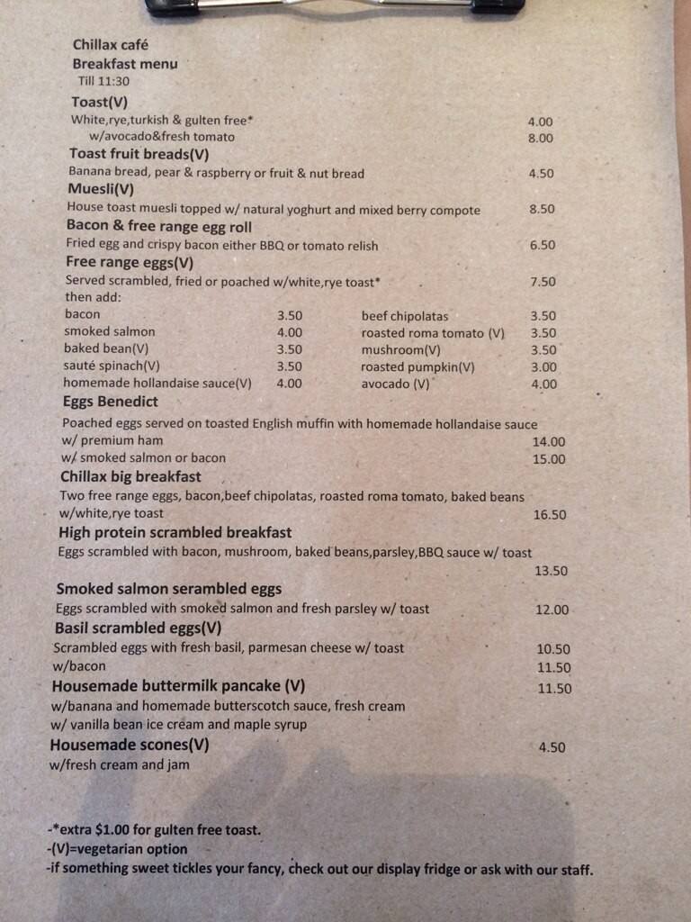 Menu at Chillax Cafe, Toukley