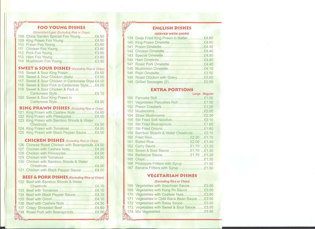 Menu at China Garden fast food, Rugby, Hollowell Way