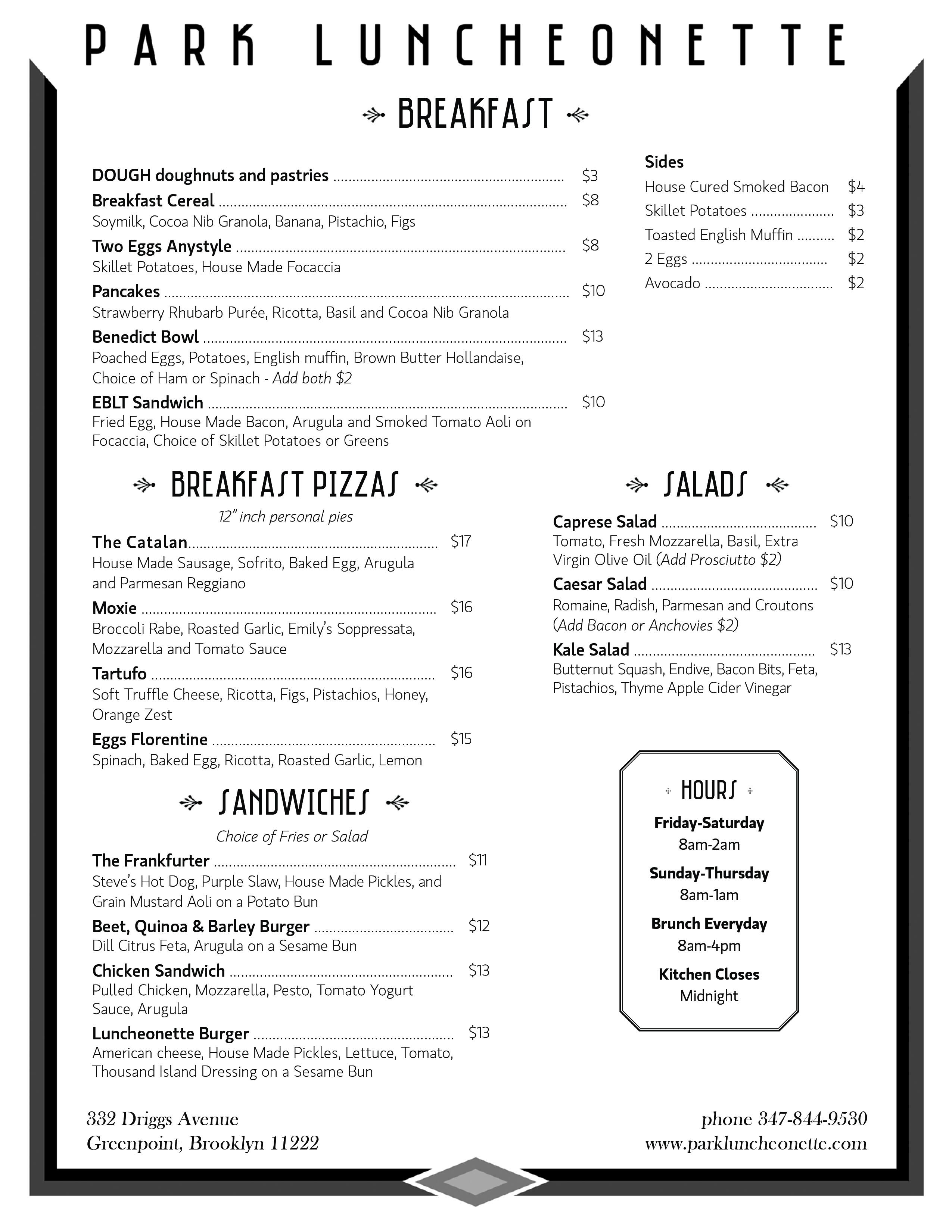 Park Luncheonette Menu, Menu for Park Luncheonette, Greenpoint, New ...