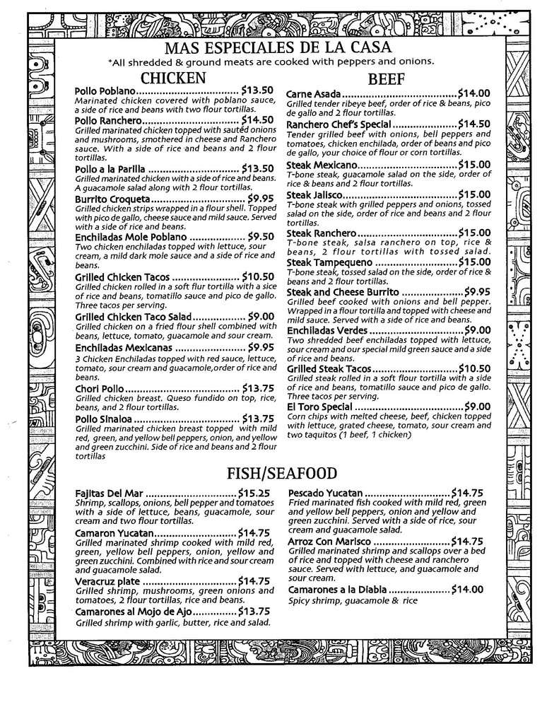 Menu at El Toro Bravo restaurant, Annapolis