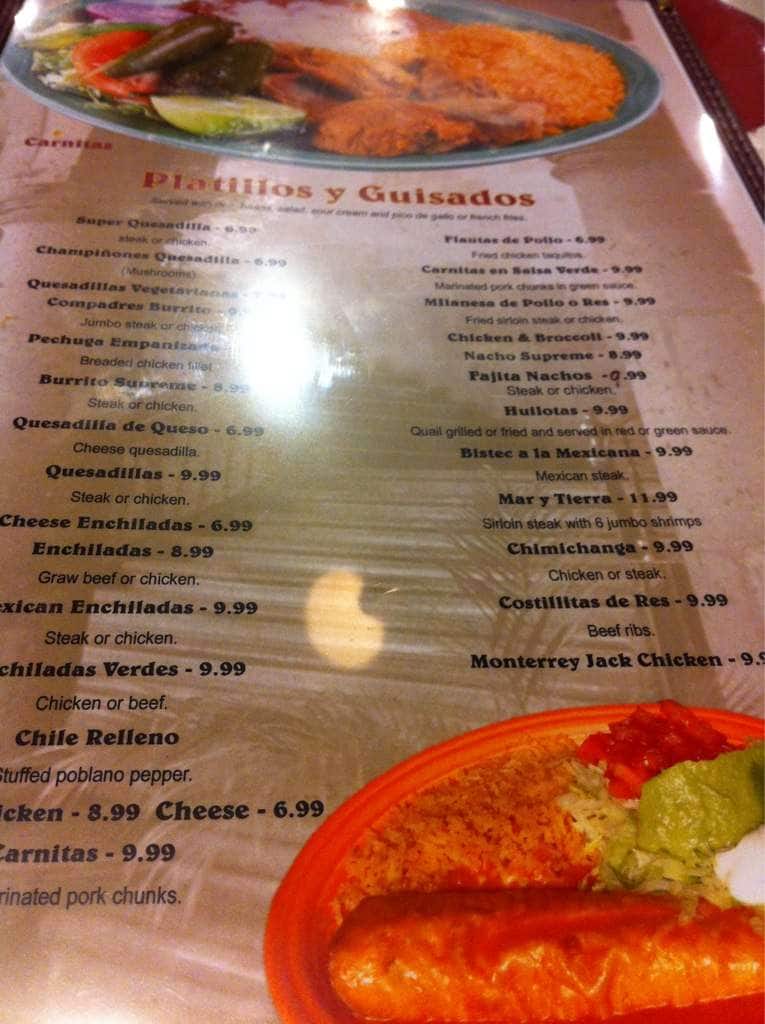 Menu at Los Dos Compadres restaurant, DeLand