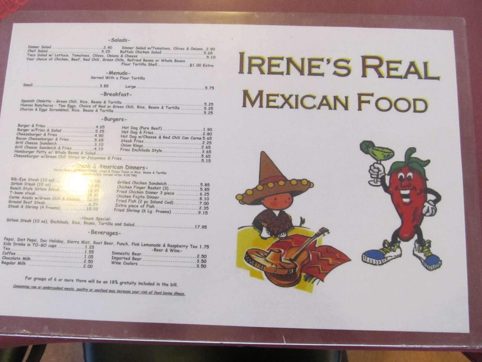 Menu at Irene's Real Mexican Food restaurant, Globe