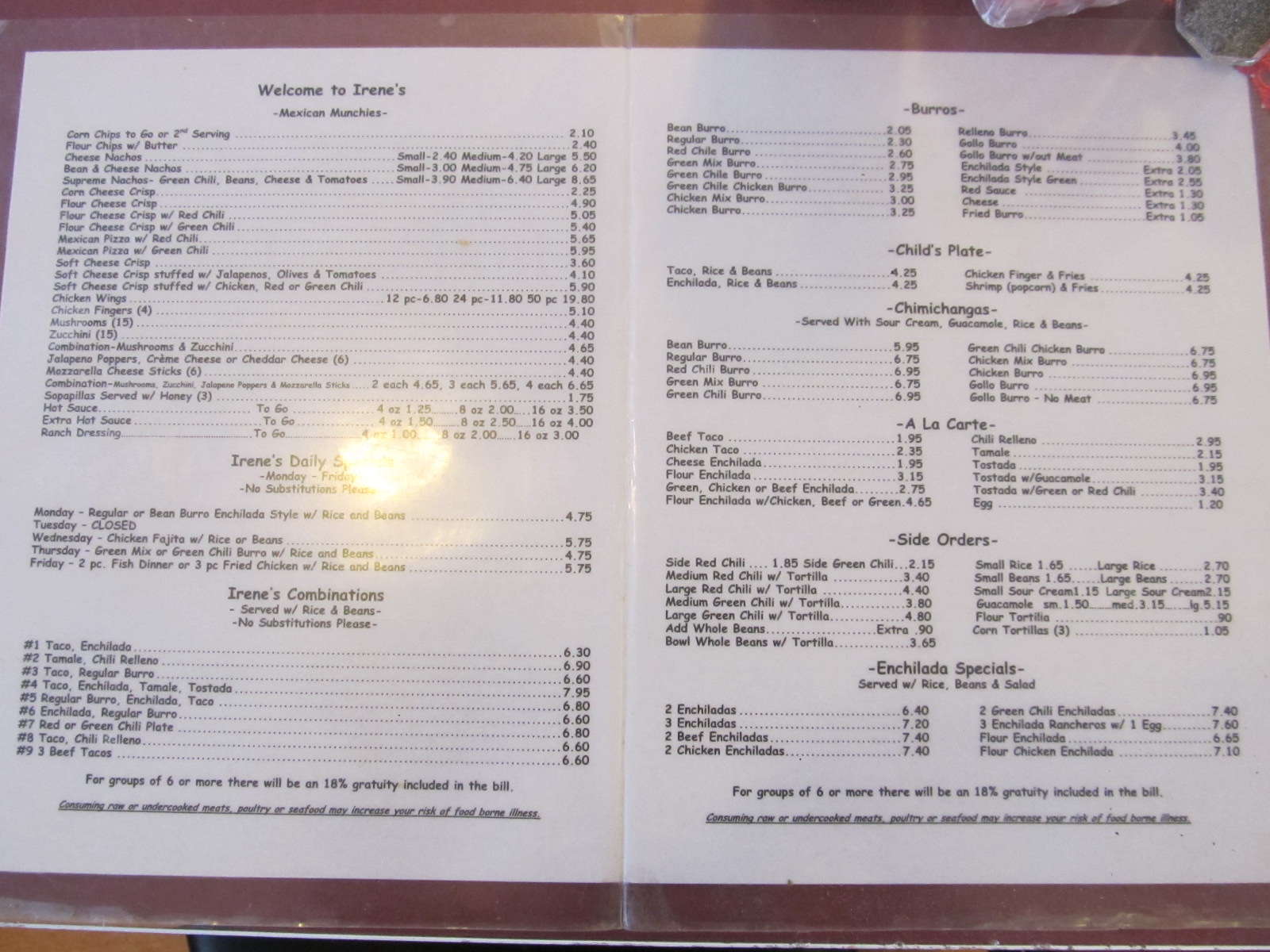Menu at Irene's Real Mexican Food restaurant, Globe