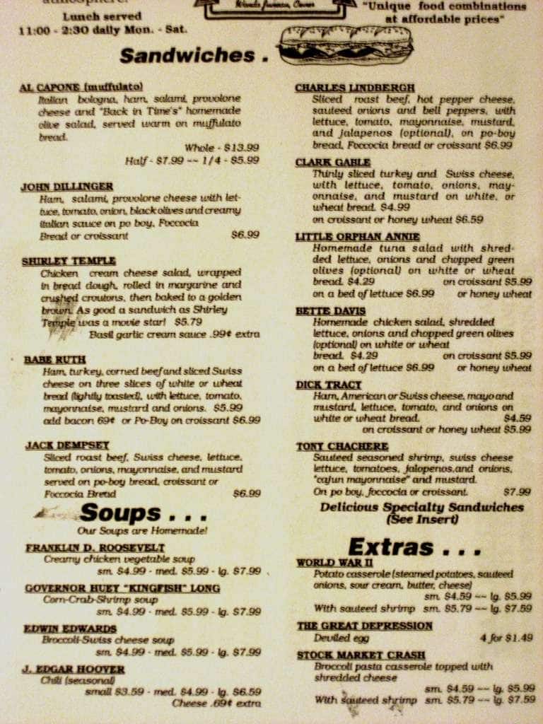 Menu at Back in Time restaurant, Opelousas