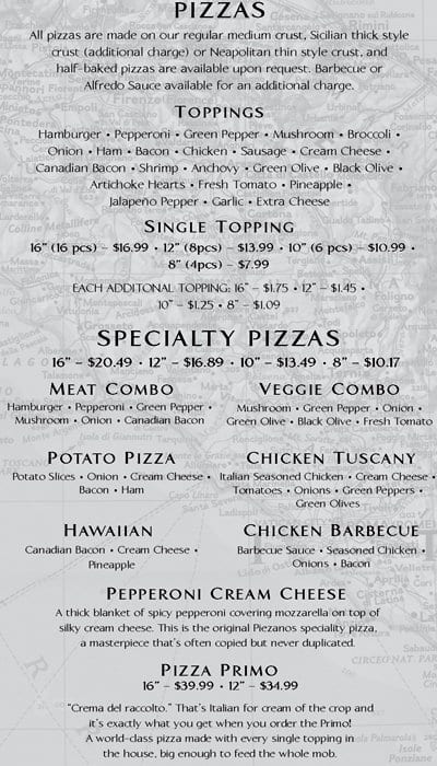 Menu at Piezano's pizzeria, Lincoln, South St