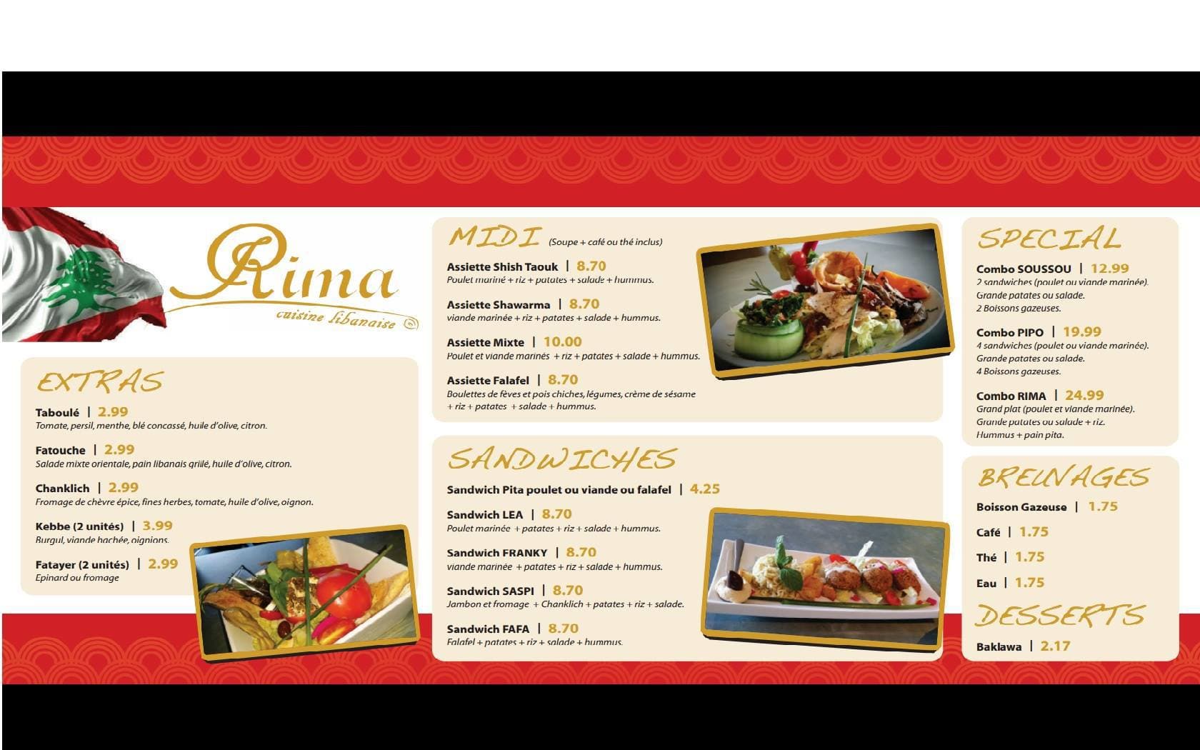 Menu au Restaurant Rima, Sherbrooke, Rue Galt O