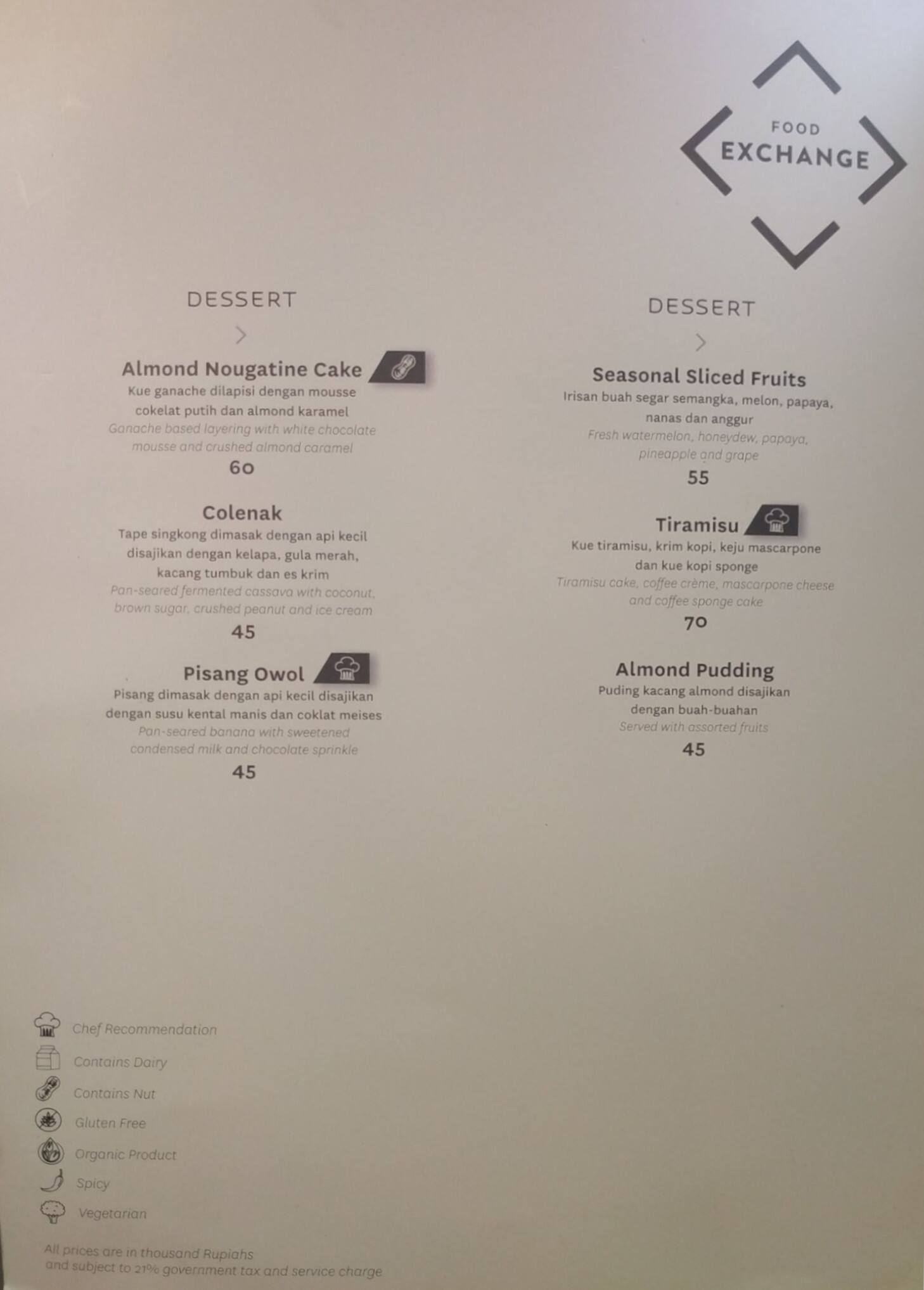 Carta de Food Exchange Restaurant, Yakarta