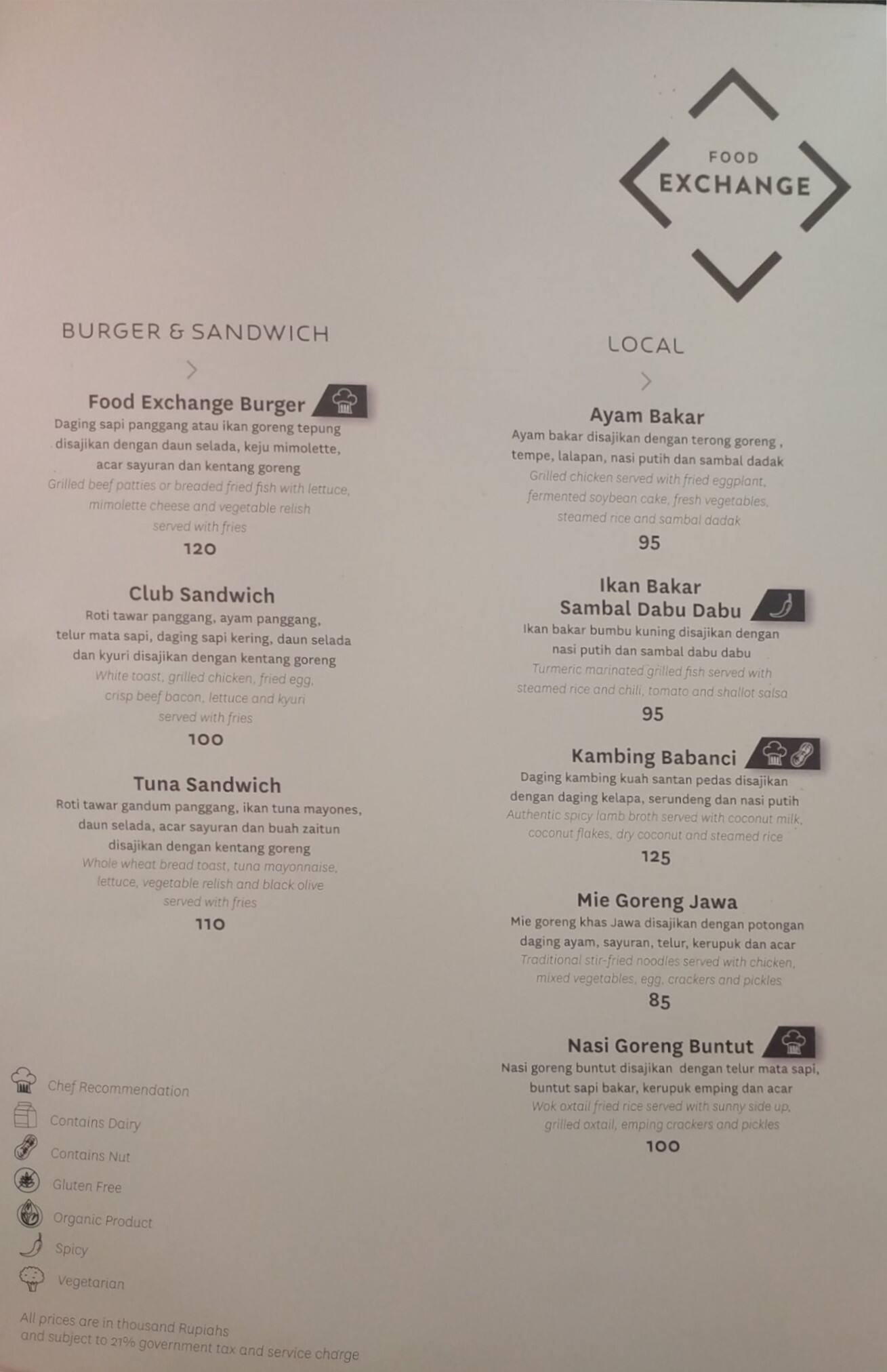 Carta de Food Exchange Restaurant, Yakarta