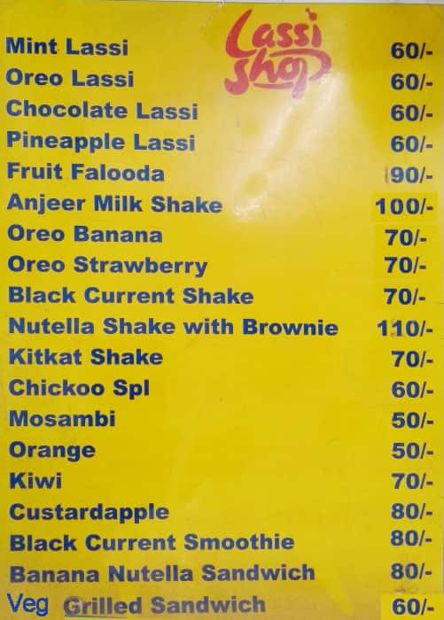 Menu at Lassi store, Hyderabad, 4-134