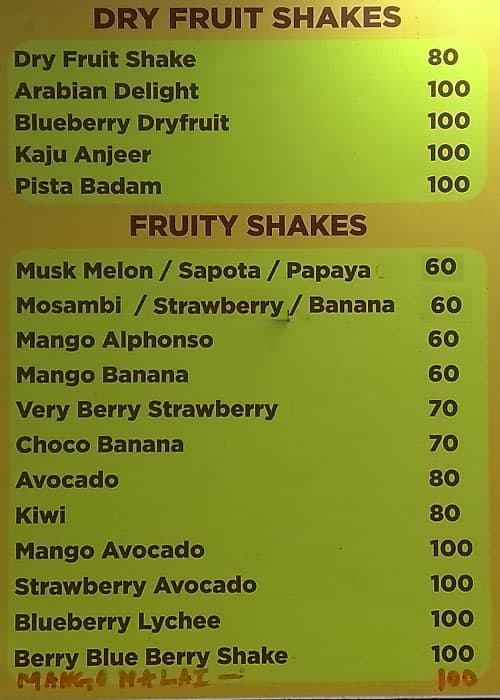 Menu at Lassi Shop, Hyderabad, Vittalwadi