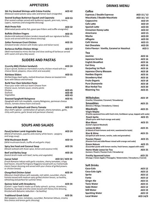 Menu at Cartel Restaurant and Cafe, Dubai
