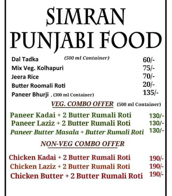 Menu of Simran Punjabi Food, Sion, Mumbai
