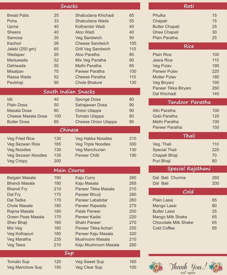 Menu of Hotel Yashoda, Wakad, Pune