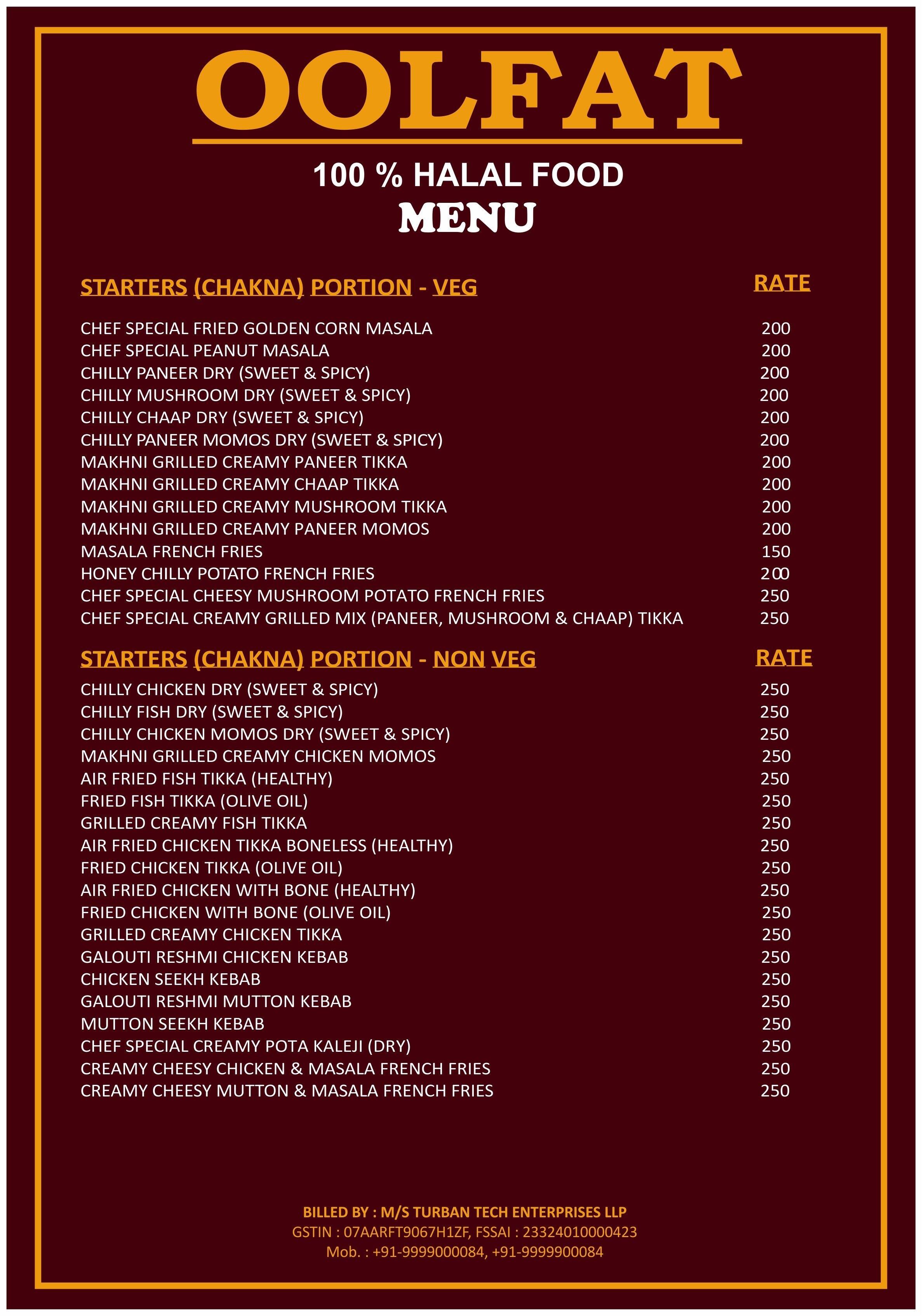 Menu of Oolfat, Kalkaji, New Delhi