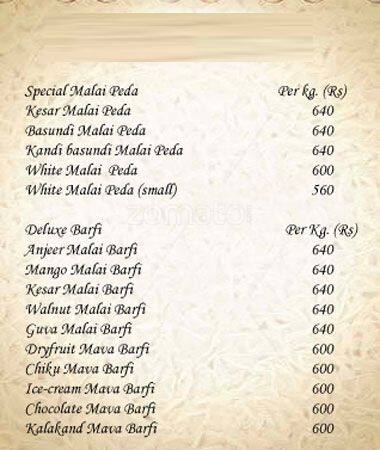 Menu at Adarsh Mithai Mandir, Mumbai