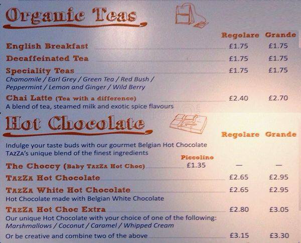 Menu at Tazza cafe, Sutton