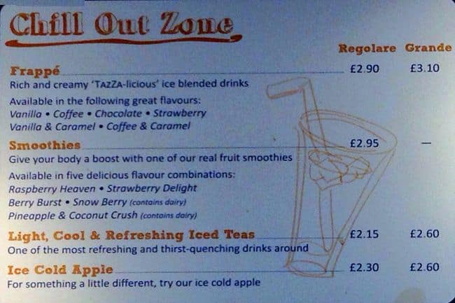 Menu at Tazza cafe, Sutton