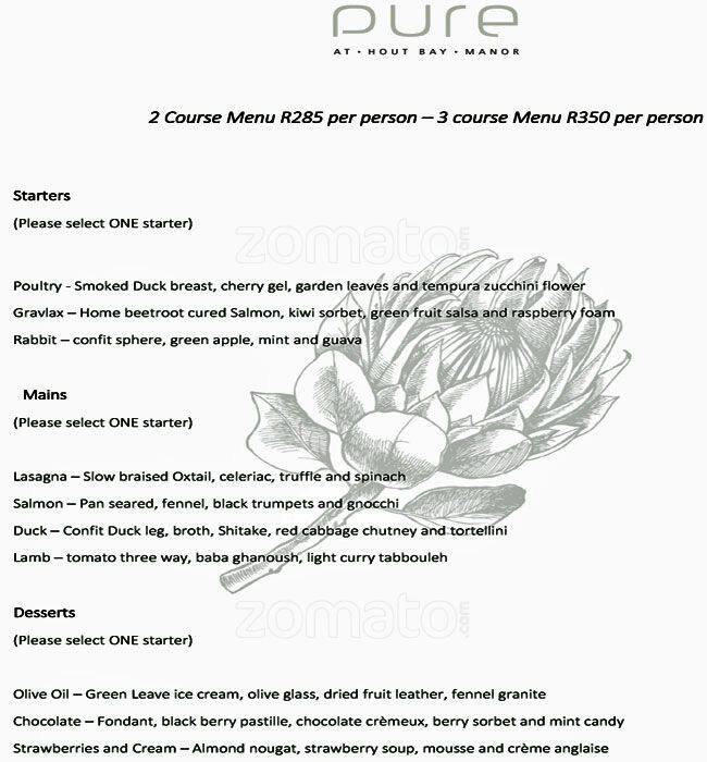Pure Restaurant Menu, Menu podniku Pure Restaurant, Hout Bay, Cape Town ...