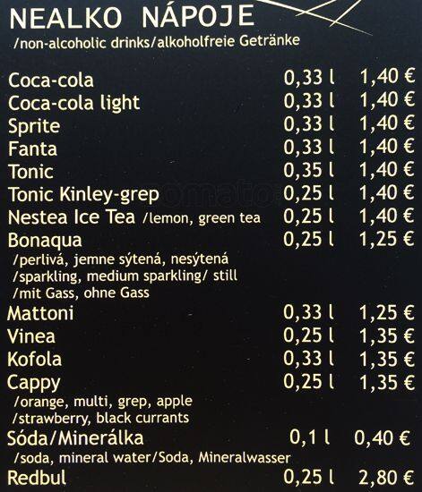 Menu at Cafe Propeller, Bratislava