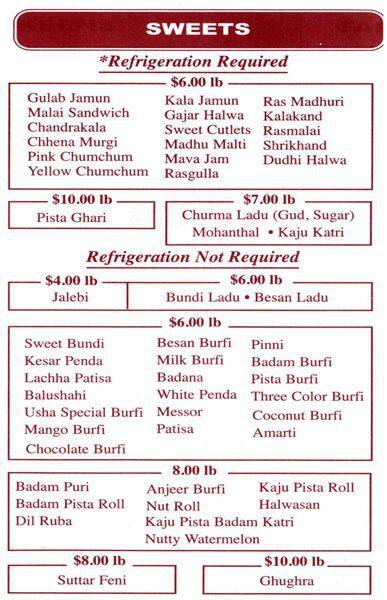 Menu at Real Usha Sweets & Snacks restaurant, New York City, 259-15 ...