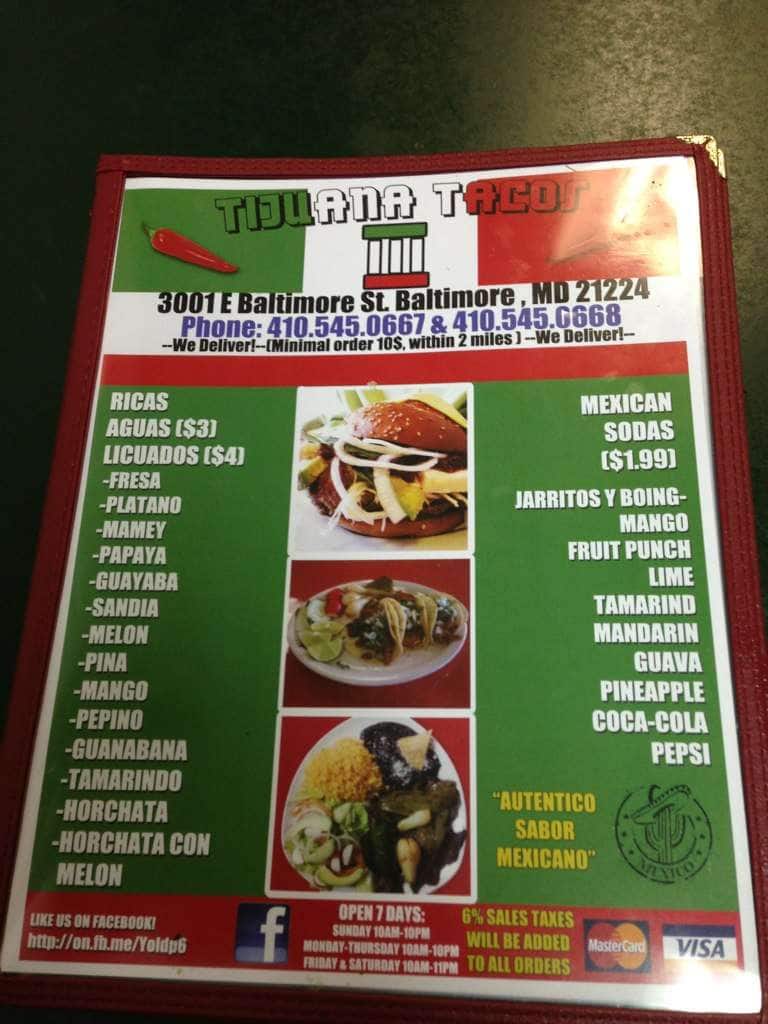 Menu at Tijuana Tacos & Deli restaurant, Baltimore, E Baltimore St