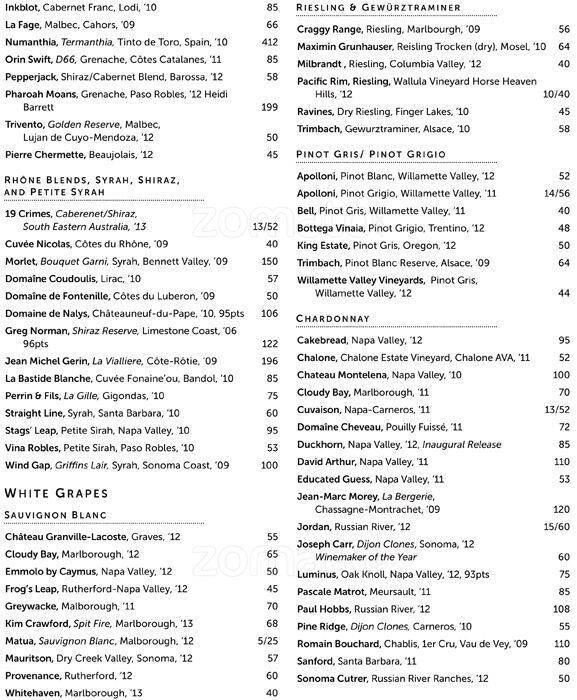 Menu at Biga on the Banks restaurant, San Antonio