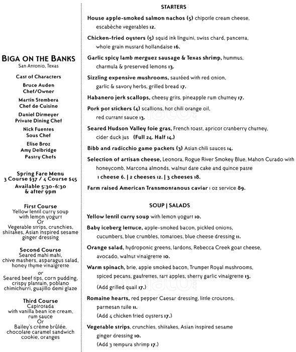Menu at Biga on the Banks restaurant, San Antonio