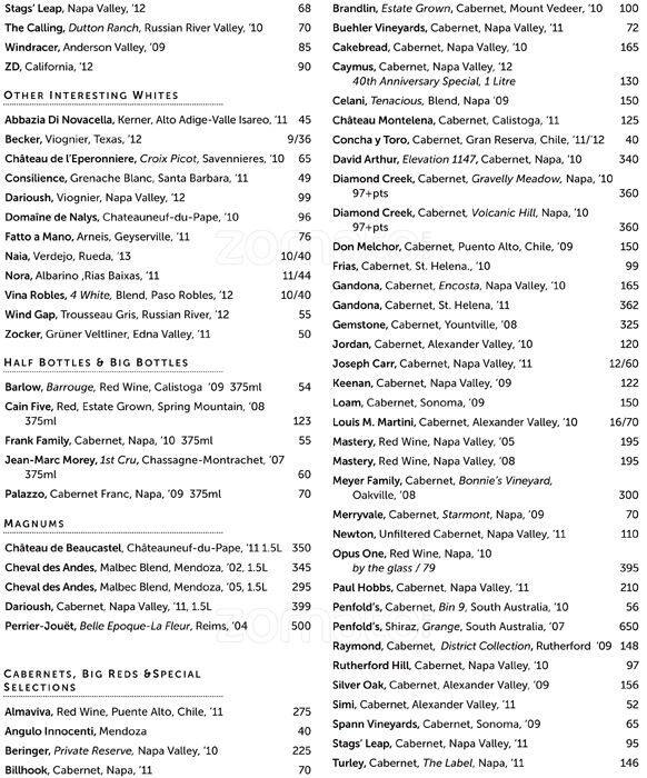 Menu at Biga on the Banks restaurant, San Antonio