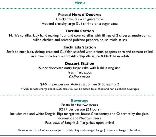 Menu at Biga on the Banks restaurant, San Antonio