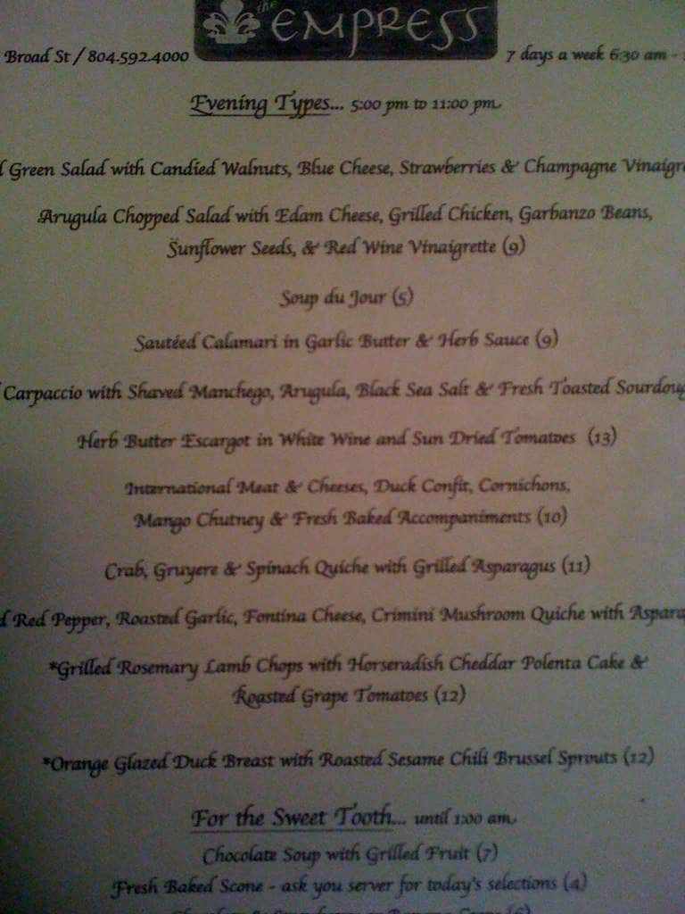 The Empress Menu, Menu for The Empress, The Fan, Richmond - Urbanspoon ...