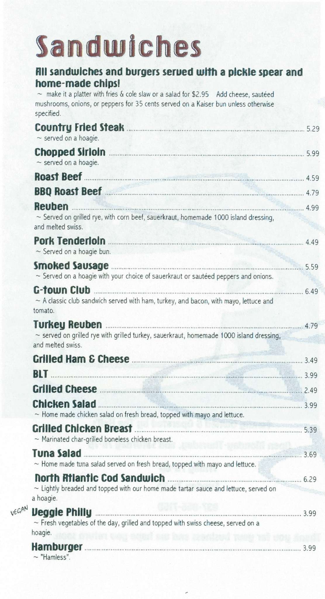 Menu at K J's Restaurant, Germantown