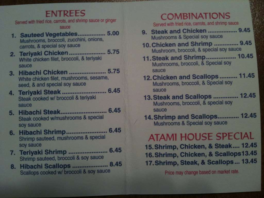 Menu at Atami Express restaurant, Easley