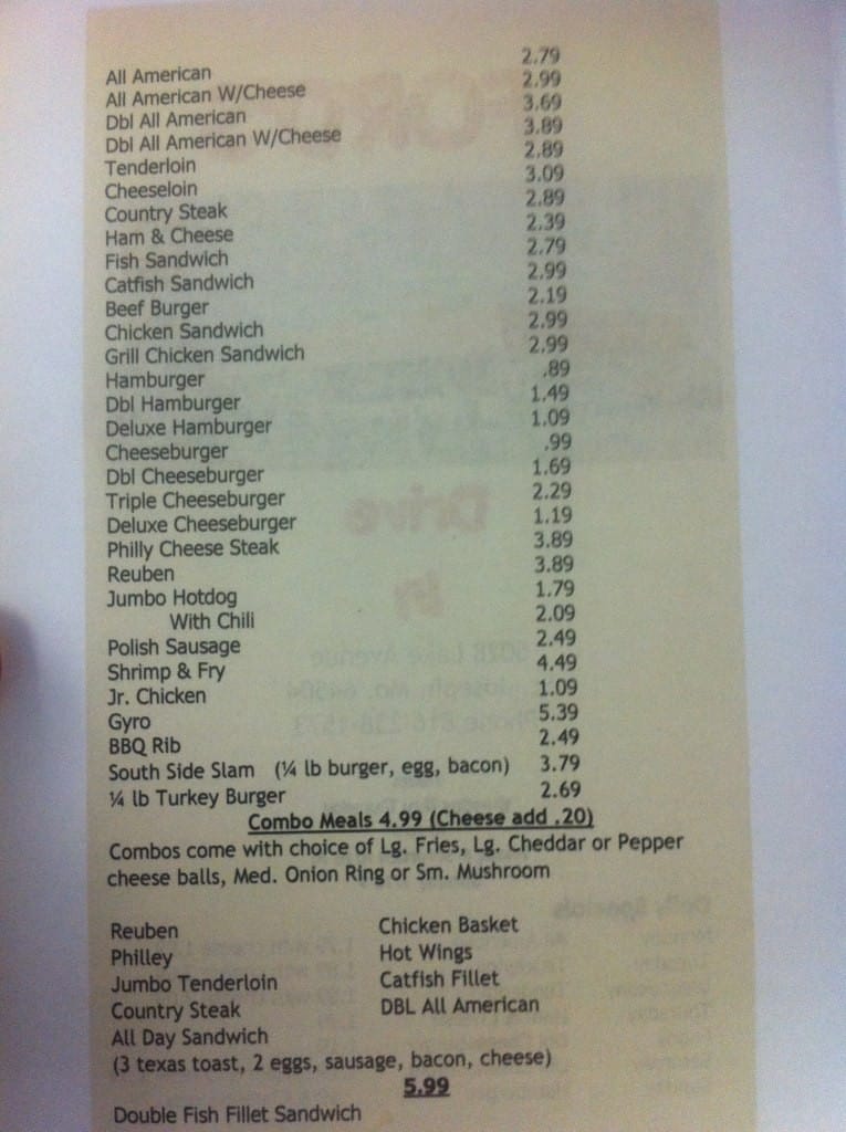 Menu at Ford's Drive In restaurant, Saint Joseph