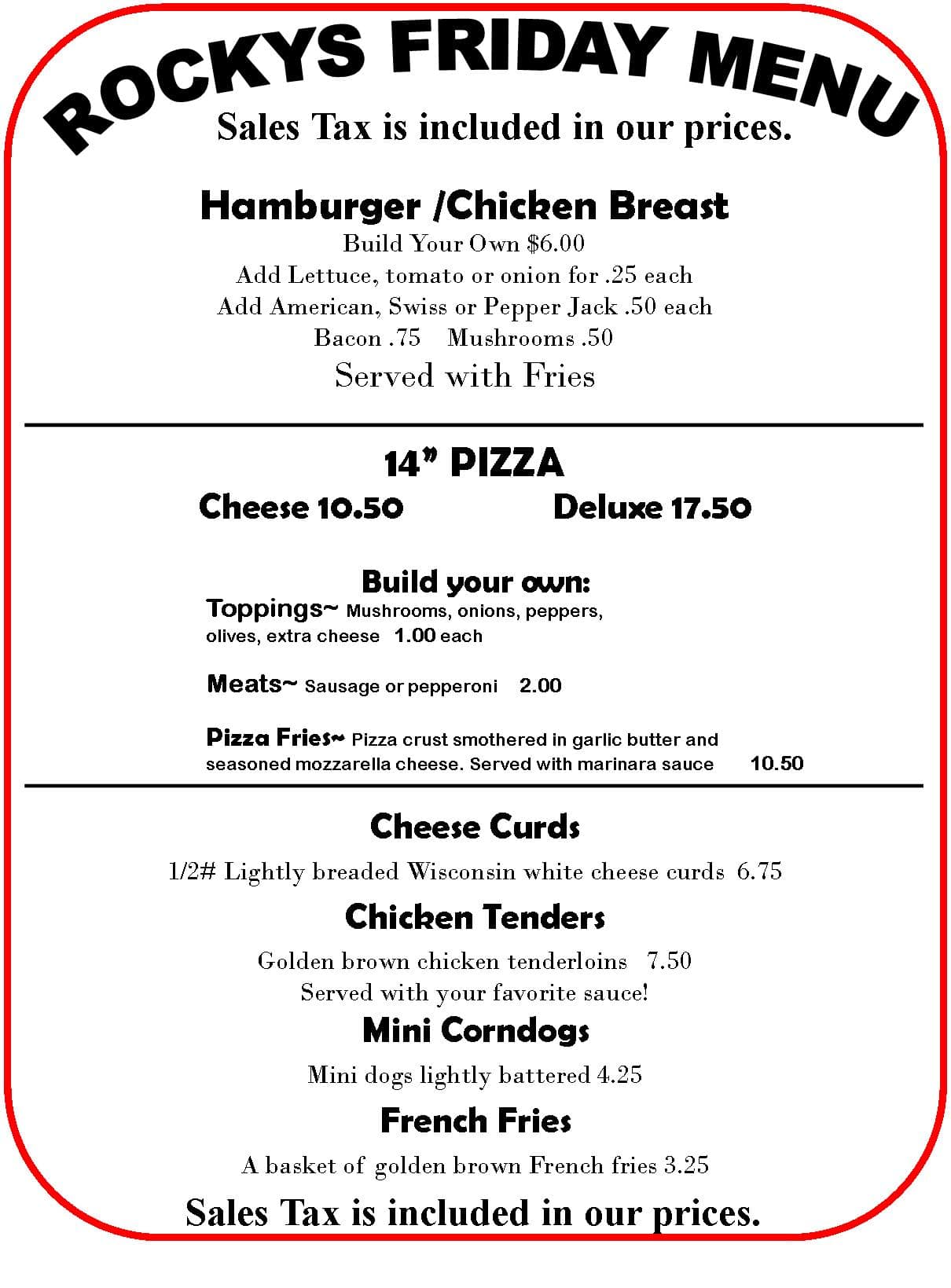 Menu at Rocky's Roadhouse pub & bar, Rhinelander