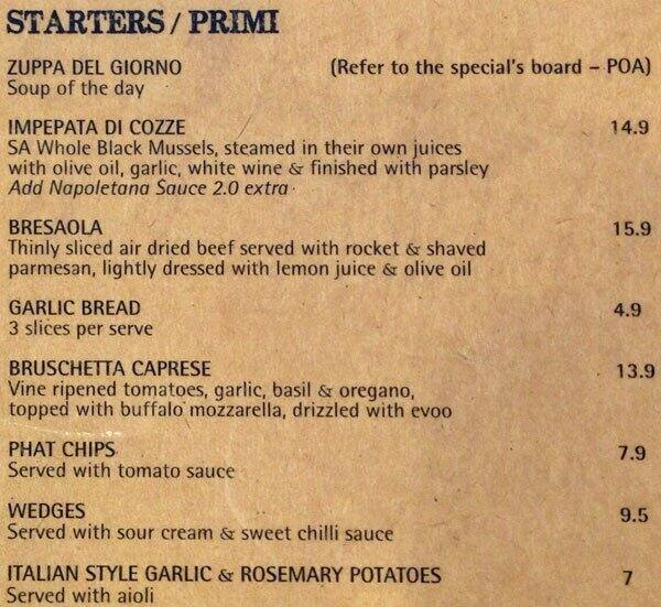 Menu at Sfizio Cucina restaurant, Norwood
