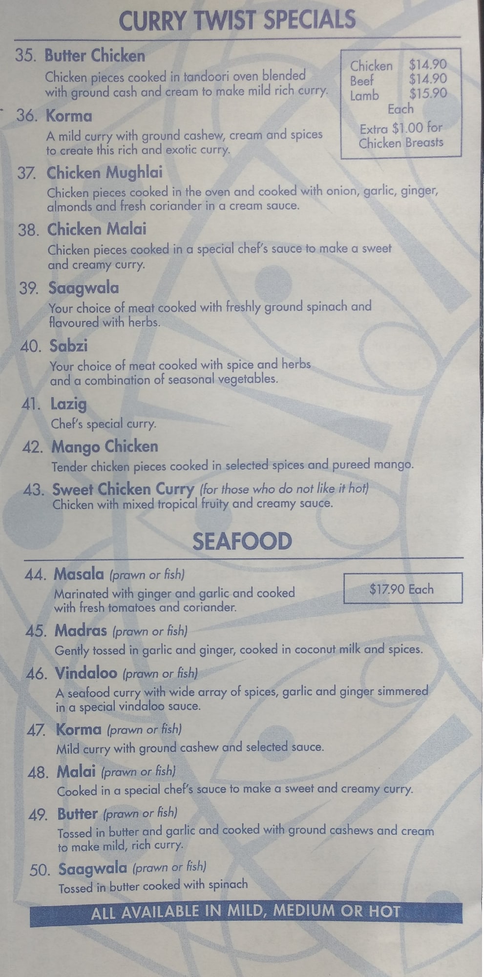 Menu at Curry Twist restaurant, Petrie, 1/1006 Anzac Ave