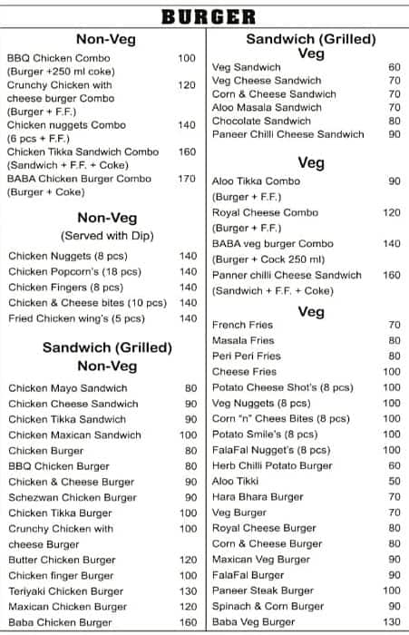 Menu at Baba Burger's 1, Pune