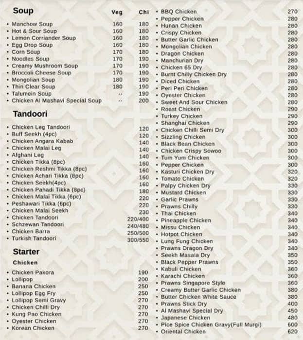 Menu of Al Mashavi, Mumbai Central, Mumbai