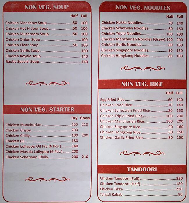 Menu of Babi Chinese And Tandoor Point, Kalyan, Thane