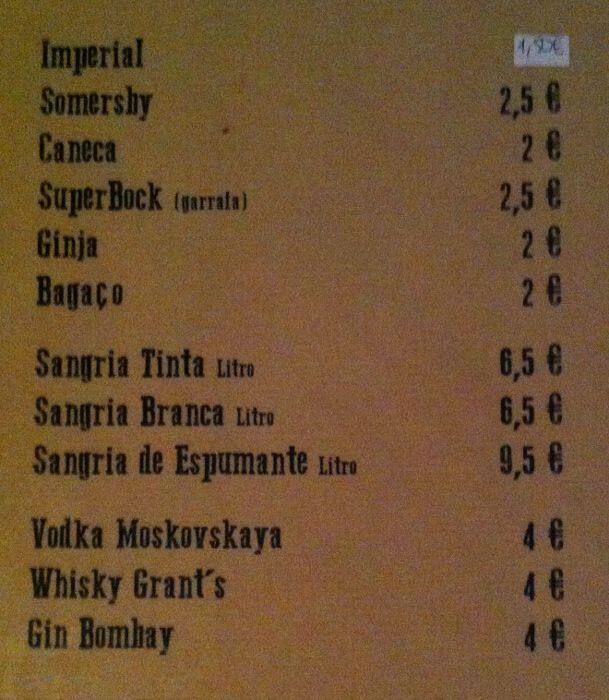 Menu at Tasco Charlie pub & bar, Lisbon
