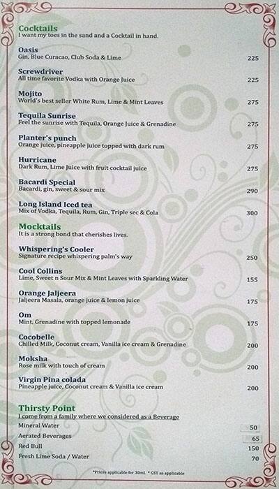 Menu at The Bar, Jaipur, Hotel Whispering Palms